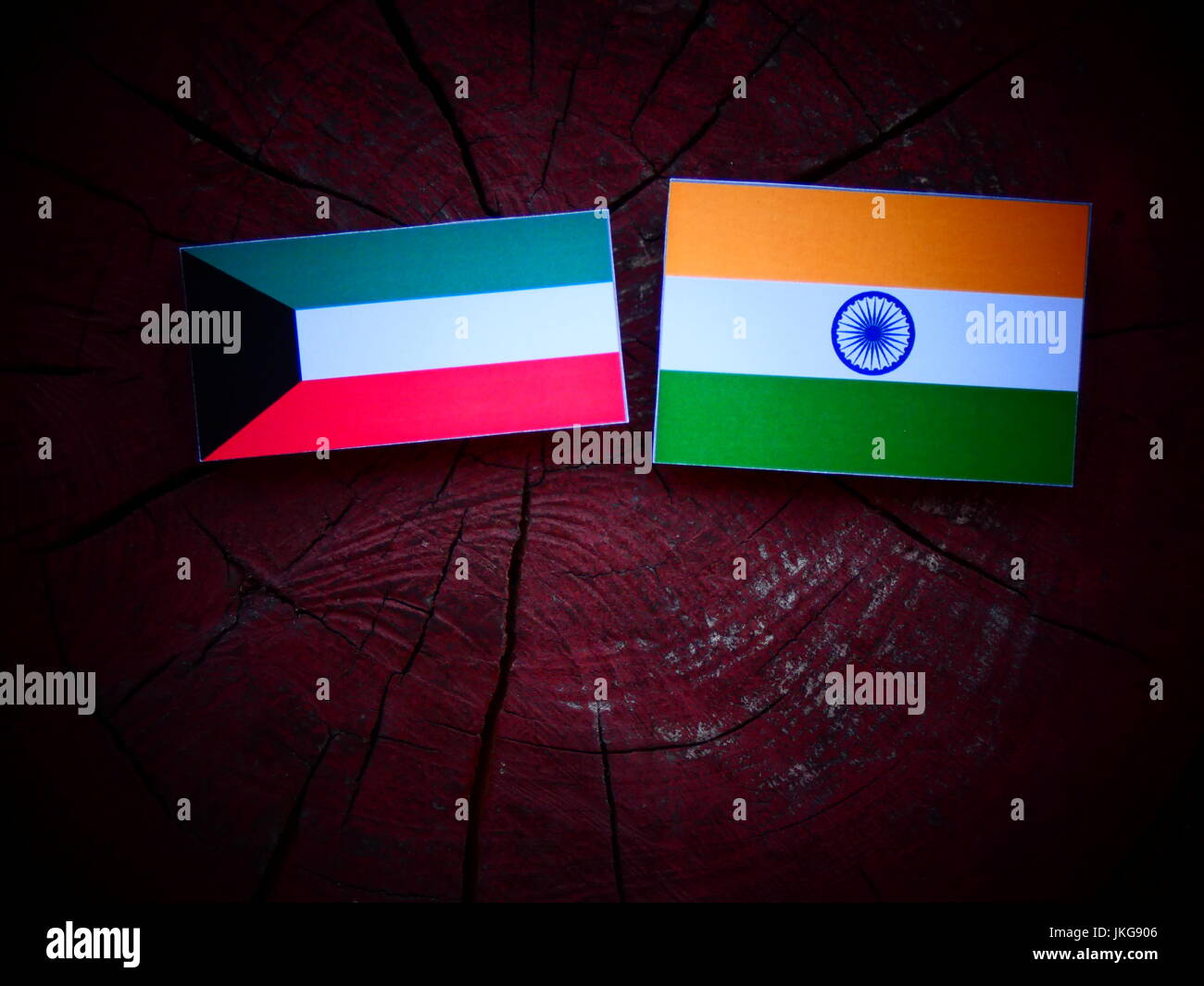 Kuwaiti flag with Indian flag on a tree stump isolated Stock Photo - Alamy