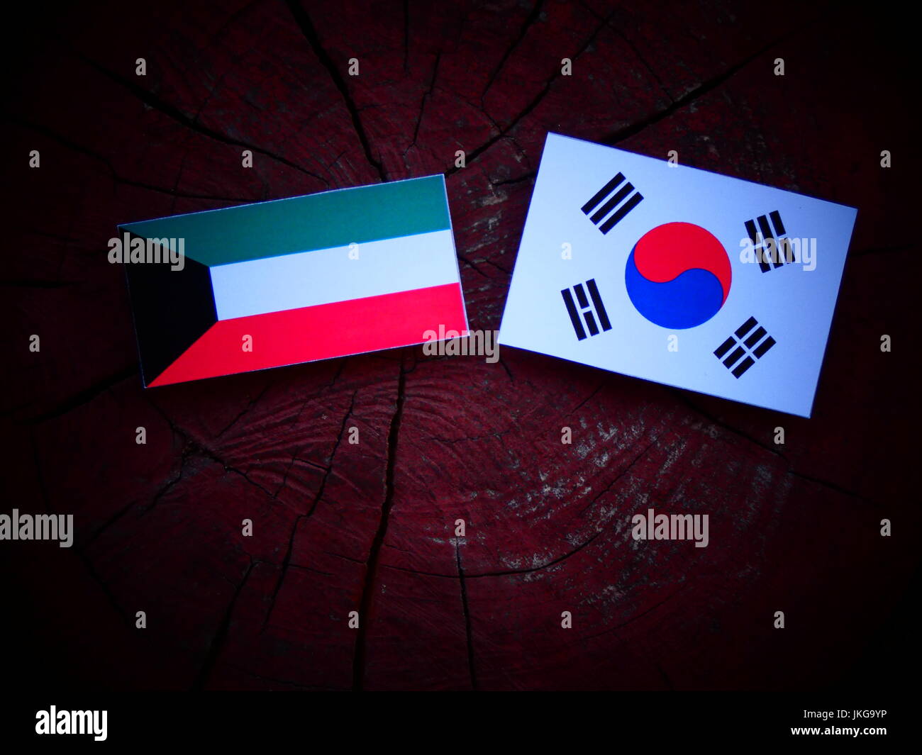 Kuwaiti flag with South Korean flag on a tree stump isolated Stock ...