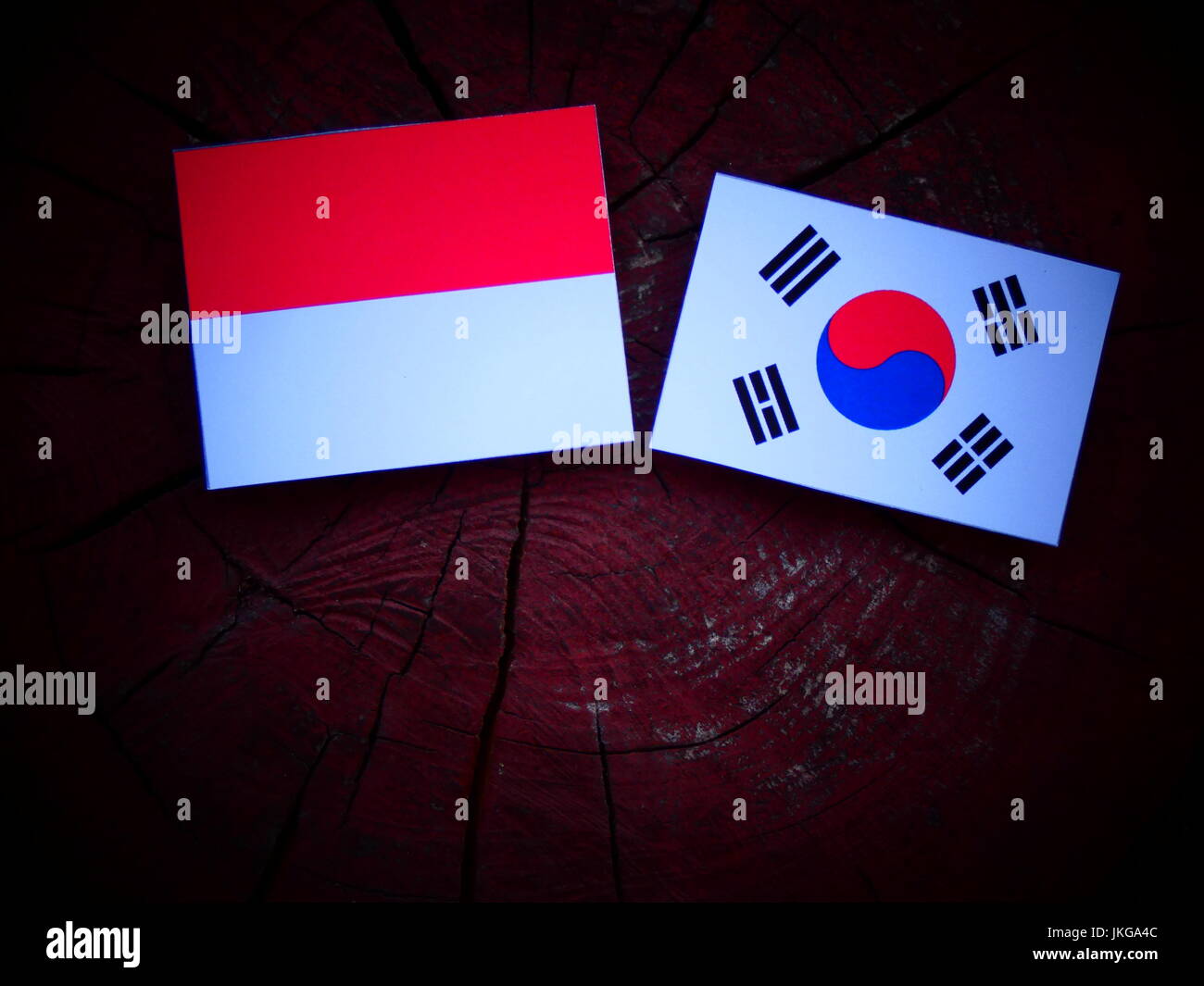 Monaco flag with South Korean flag on a tree stump isolated Stock Photo ...