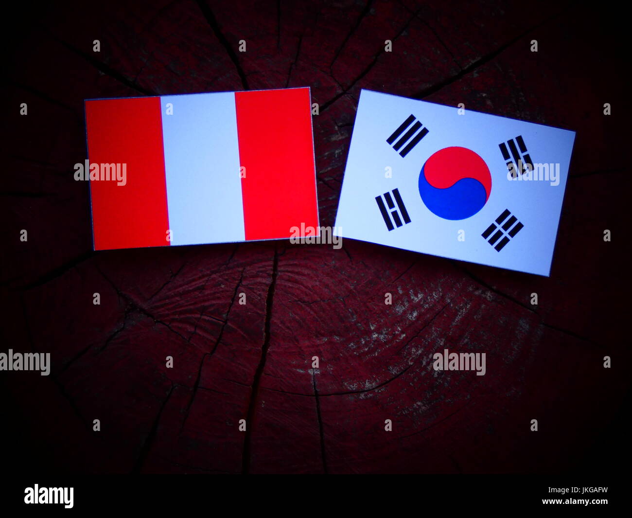 Peruvian flag with South Korean flag on a tree stump isolated Stock ...