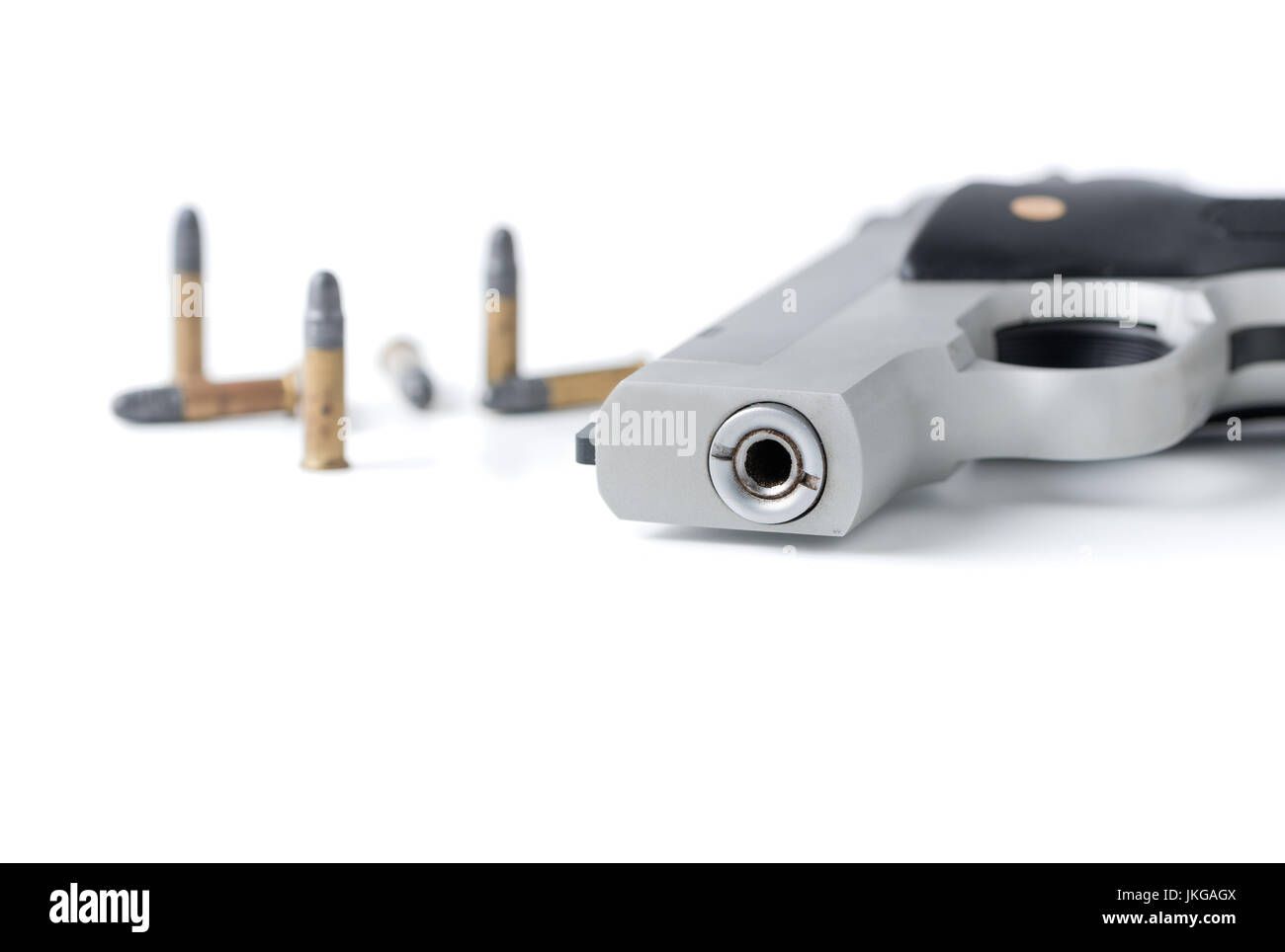 closed up of automatic gun barrel and bullet isolated on white ...