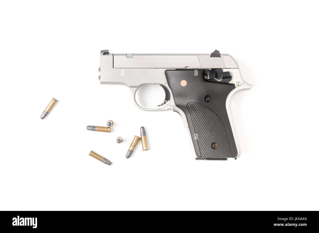 small automatic gun (.22) with bullet isolated on white background ...