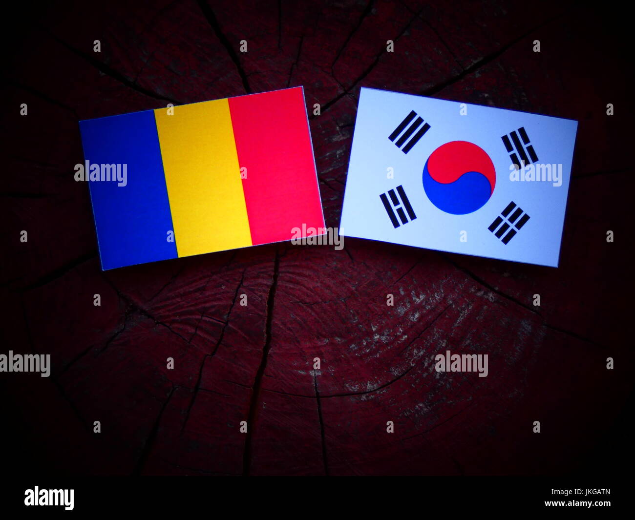Chad flag with South Korean flag on a tree stump isolated Stock Photo ...