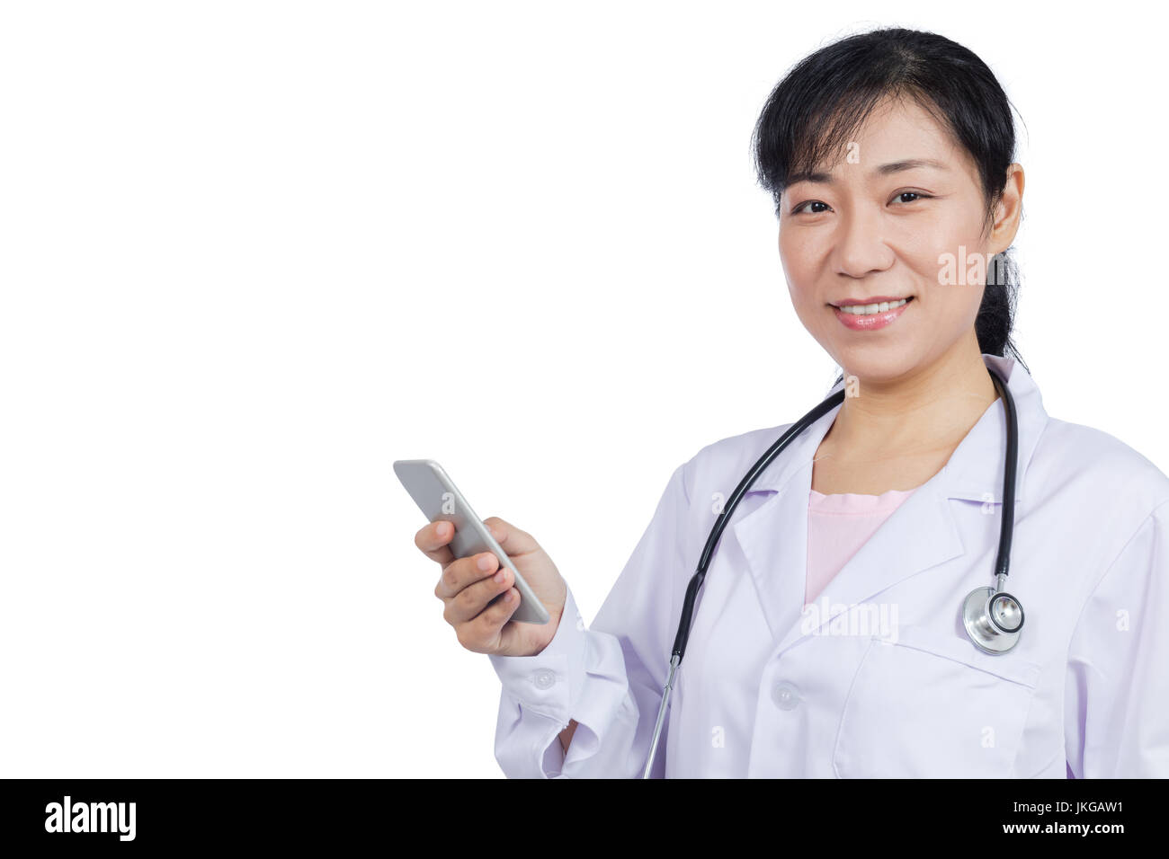 Asian female doctor using mobile phone in isolated White Background ...