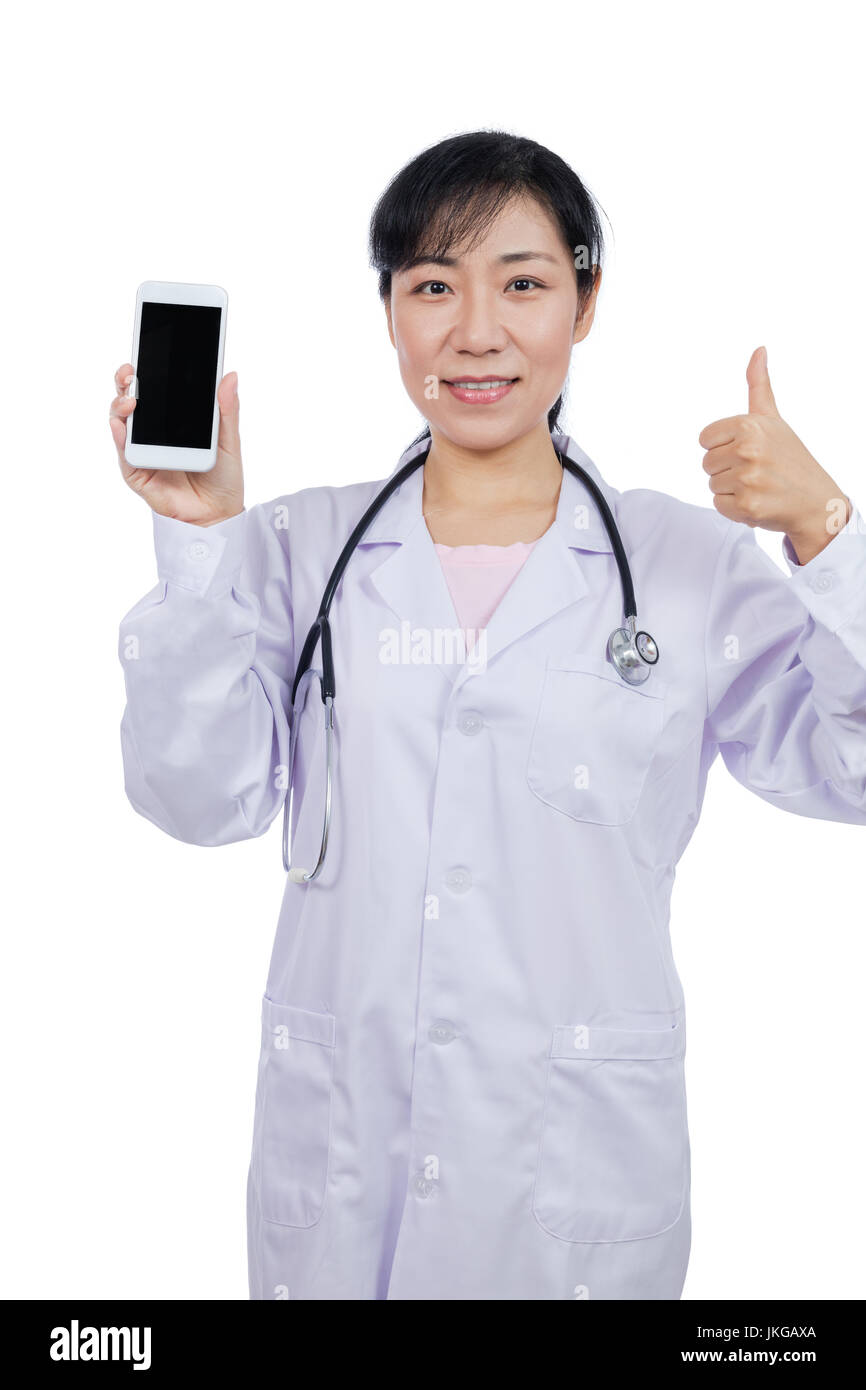 Asian female doctor using mobile phone in isolated White Background ...