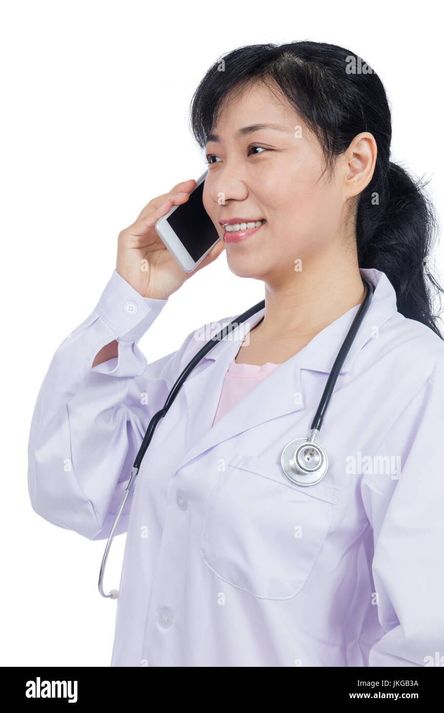 Asian female doctor talking on the phone in isolated White Background ...
