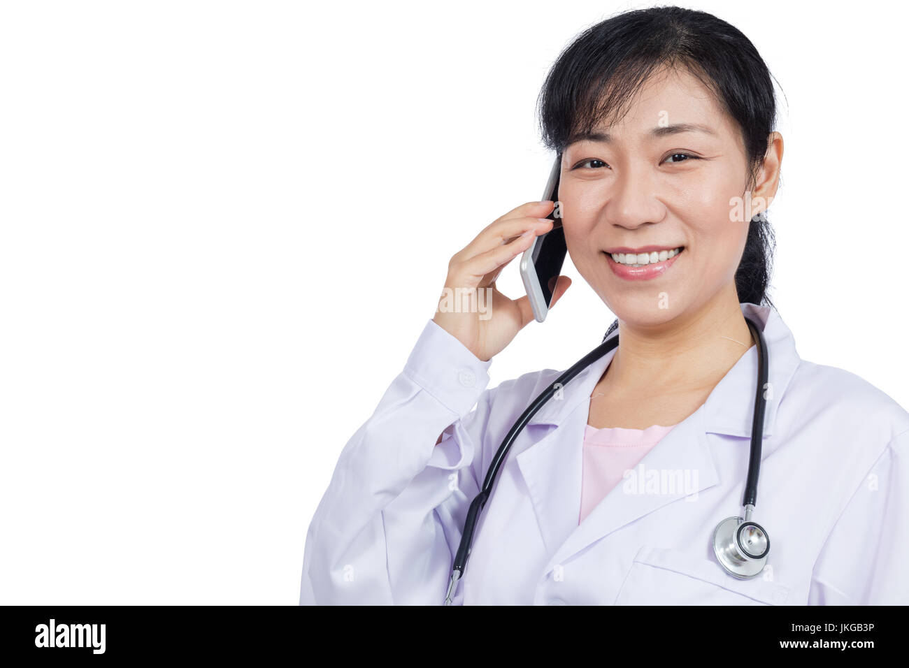 Asian female doctor talking on the phone in isolated White Background ...