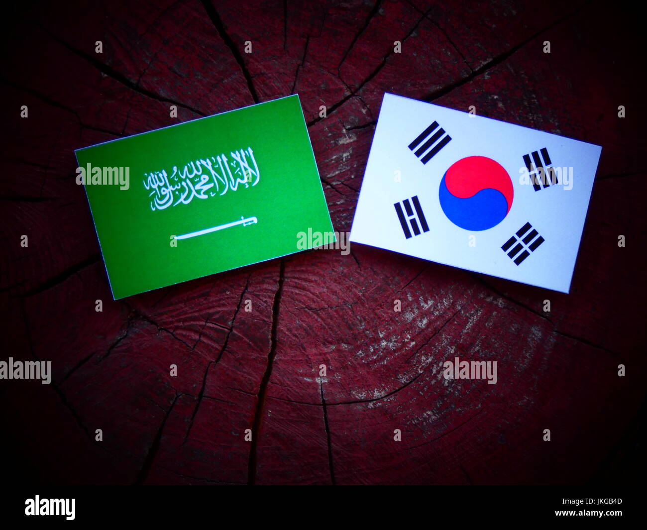 Saudi Arabian flag with South Korean flag on a tree stump isolated ...