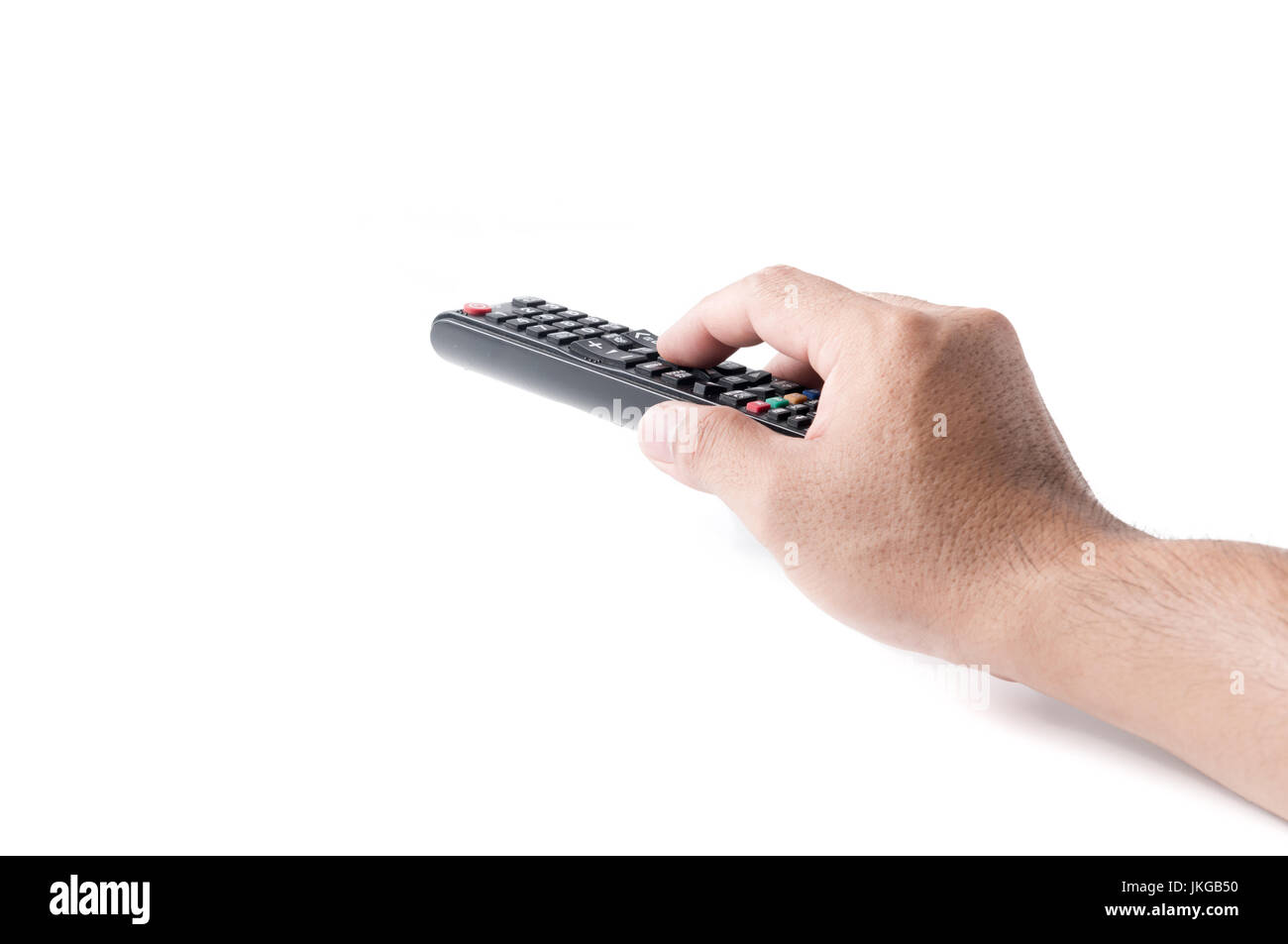 hand with multimedia tv remote control isolated on white background ...