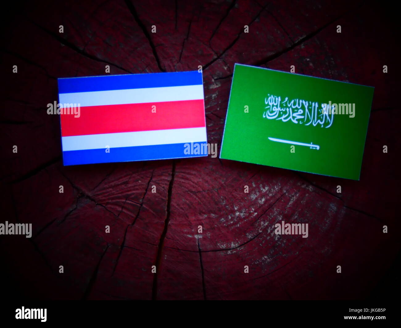 Costa Rican flag with Saudi Arabian flag on a tree stump isolated Stock ...