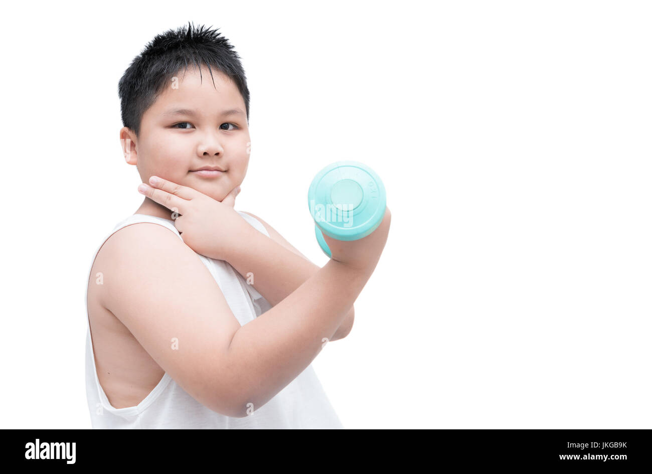 handsome obese boy is doing exercises with dumbbells; isolated on white ...