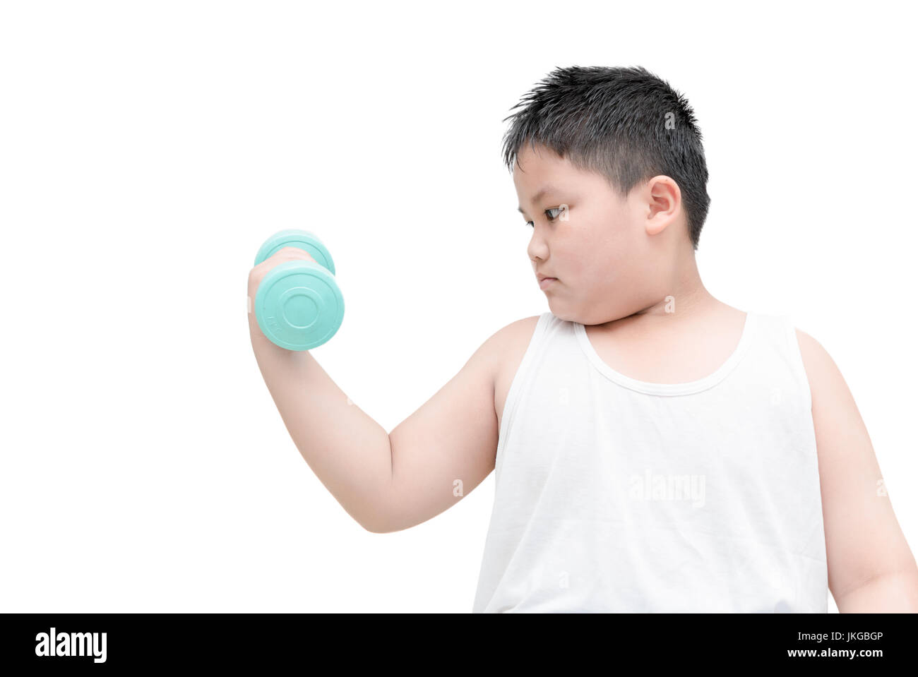 obese fat boy is doing exercises with dumbbells; isolated on white ...