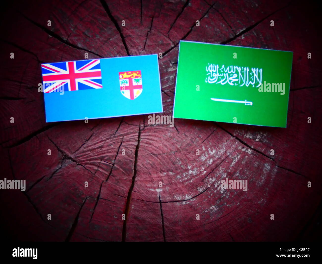 Fijian flag with Saudi Arabian flag on a tree stump isolated Stock ...