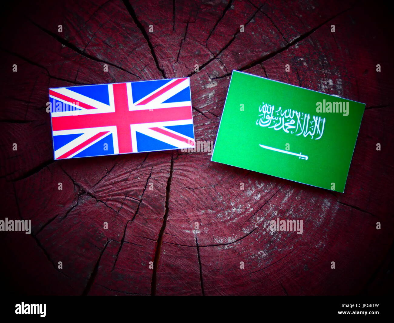 UK flag with Saudi Arabian flag on a tree stump isolated Stock Photo ...