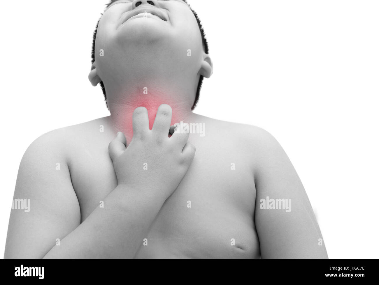 Obese fat boy scratch the itch with hand, throat irritation, isolated ...
