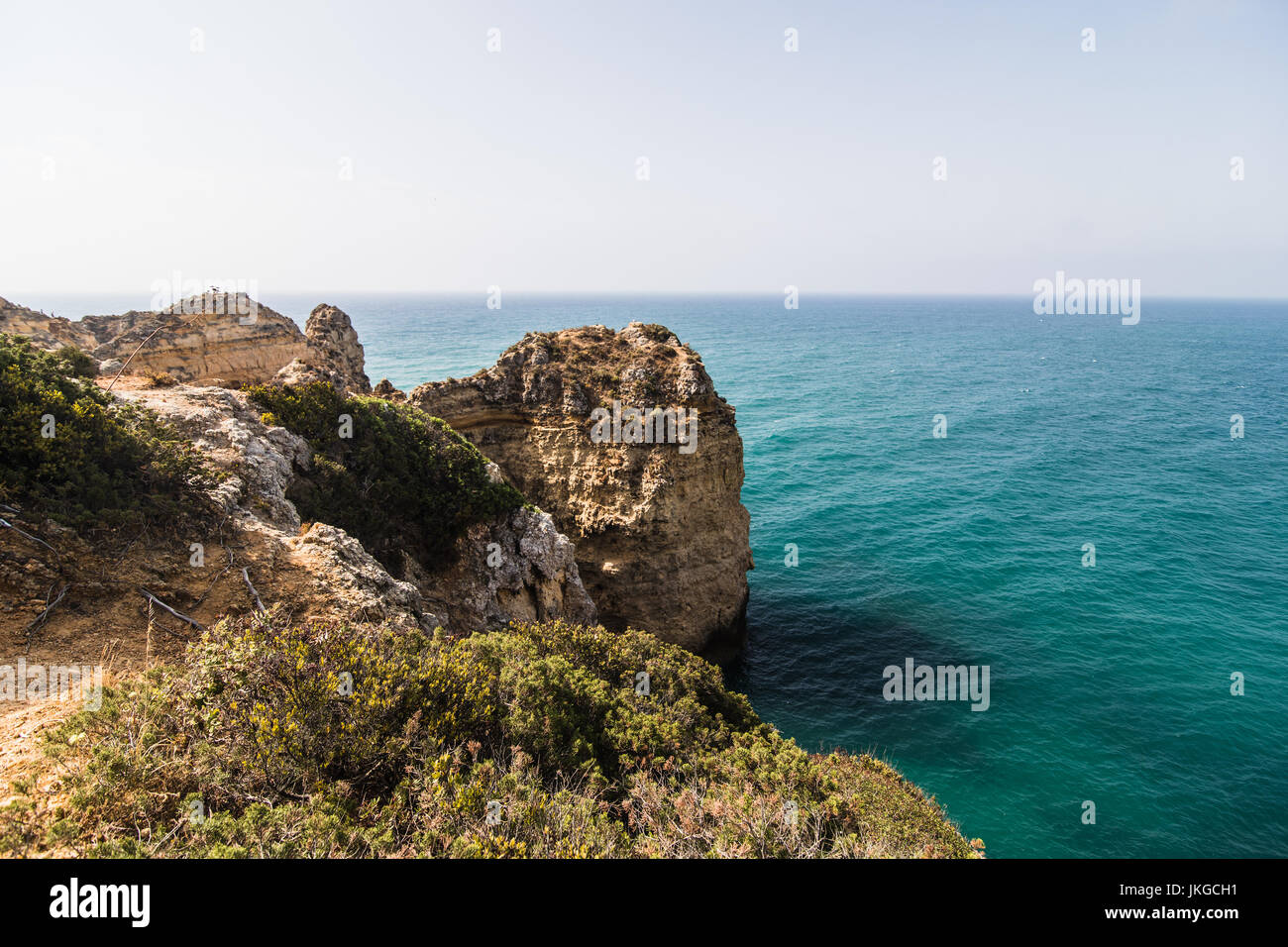 Beautiful atlantic ocean view horizon with sandy beach rocks and waves ...