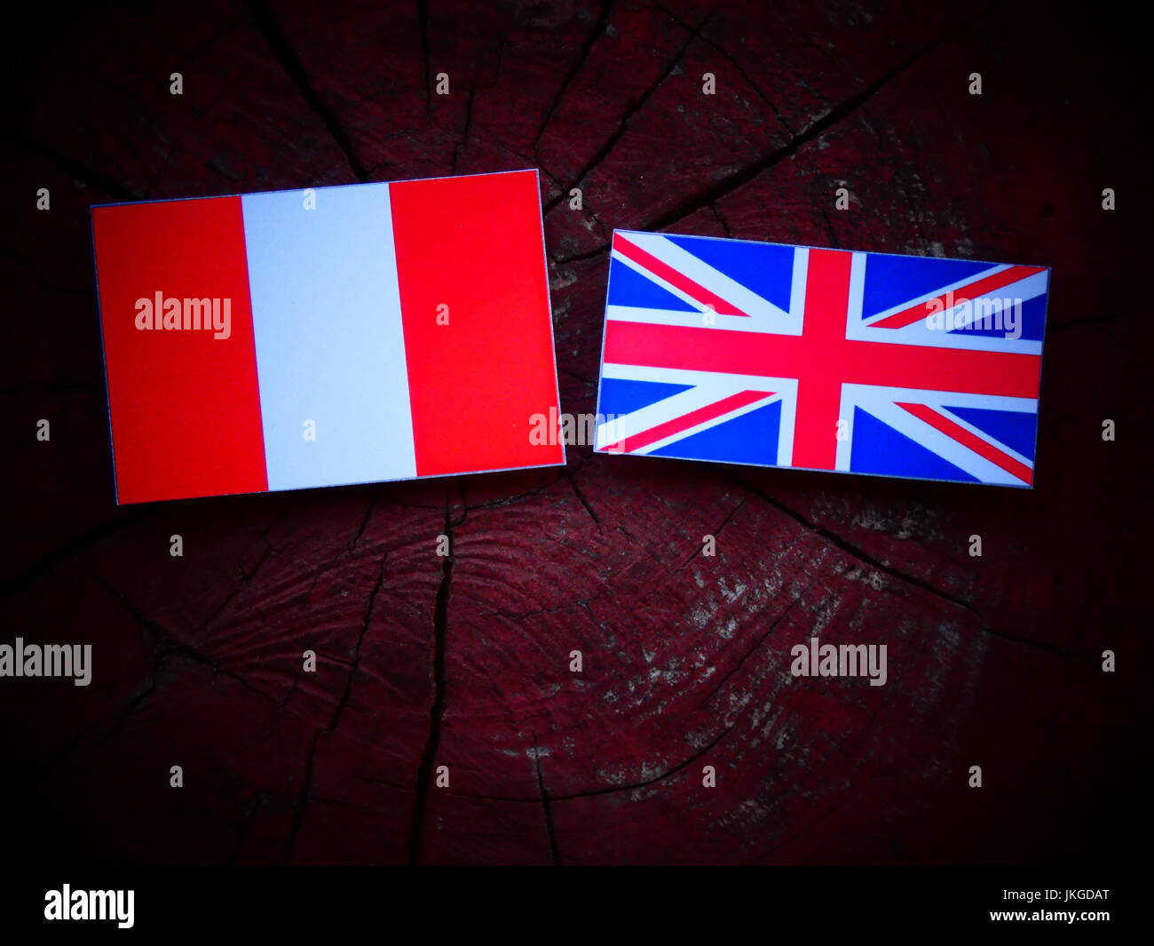 Peruvian flag with UK flag on a tree stump isolated Stock Photo - Alamy