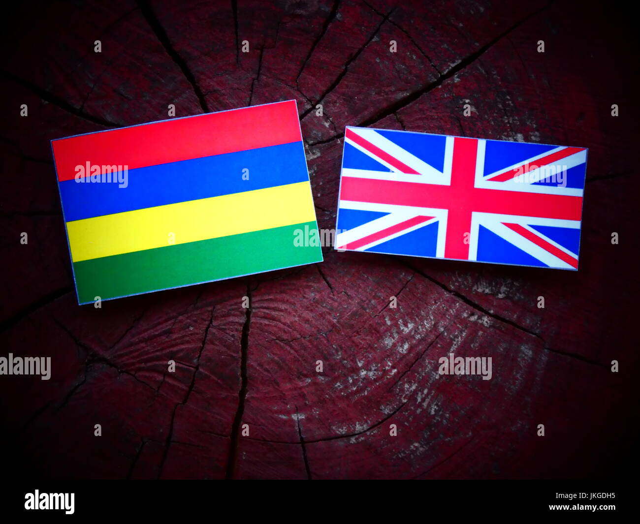 Mauritius flag with UK flag on a tree stump isolated Stock Photo - Alamy