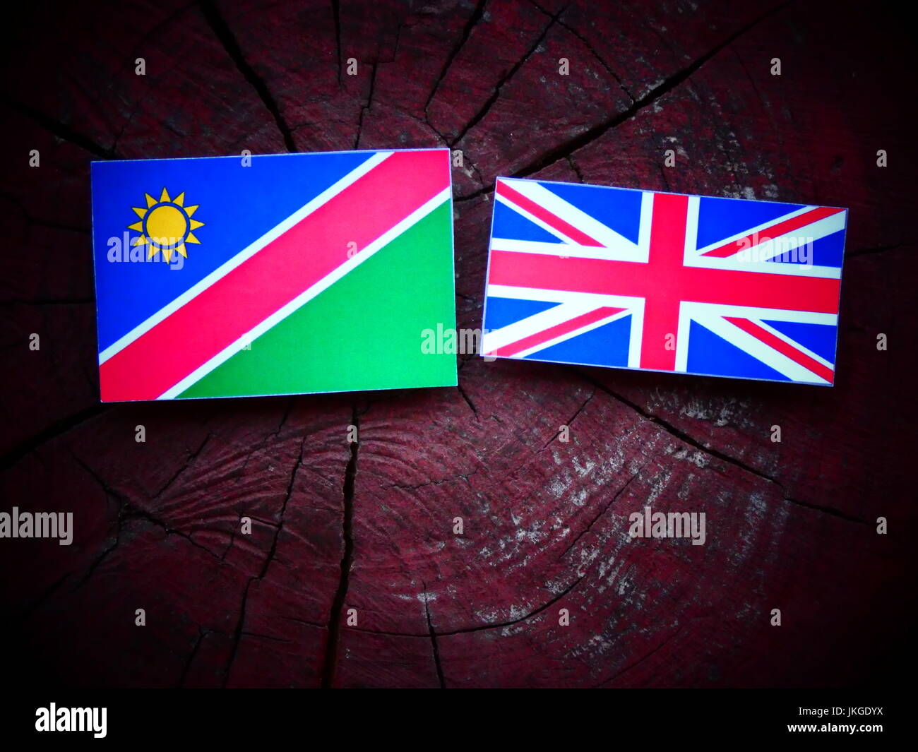 Namibian flag with UK flag on a tree stump isolated Stock Photo - Alamy