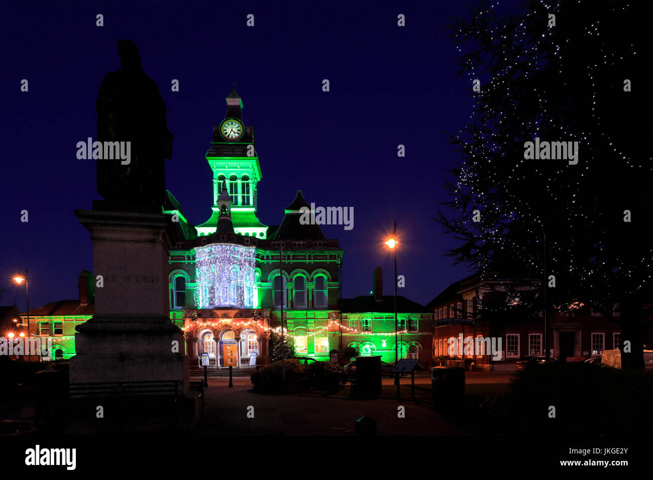 The Guildhall, town hall of Grantham, lit up at night, Lincolnshire ...