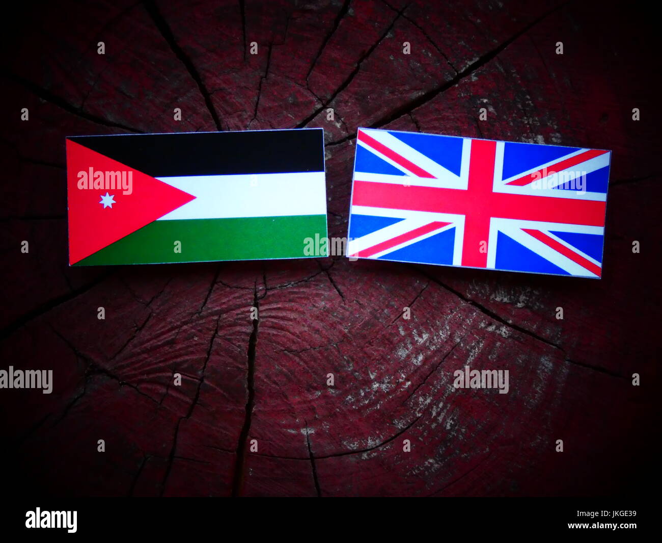 Jordanian flag with UK flag on a tree stump isolated Stock Photo - Alamy