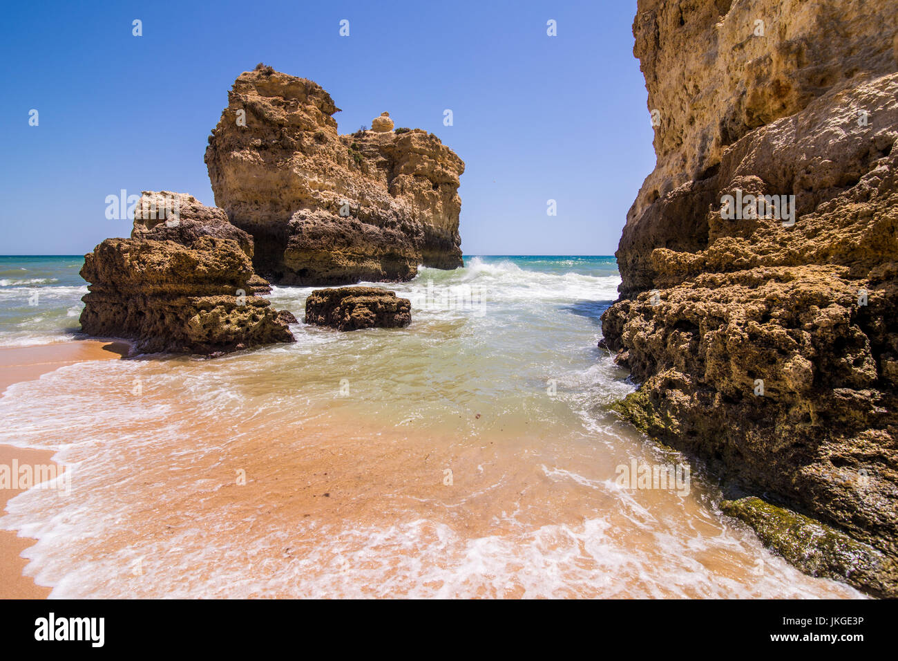 Beautiful view of sand beaches with rocks washed by Atlantic ocean on ...