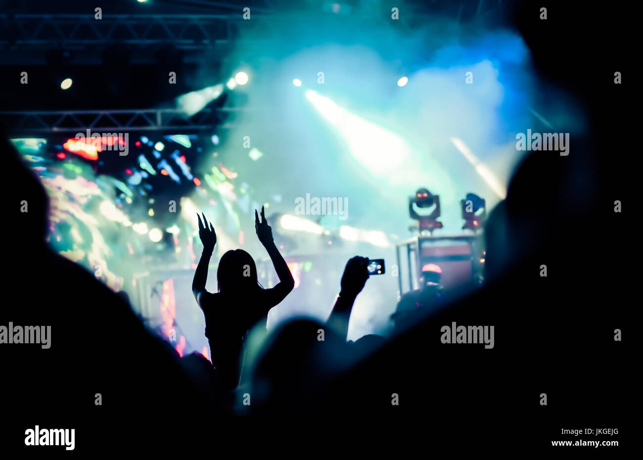 crowd with raised hands at concert - summer music festival Stock Photo ...