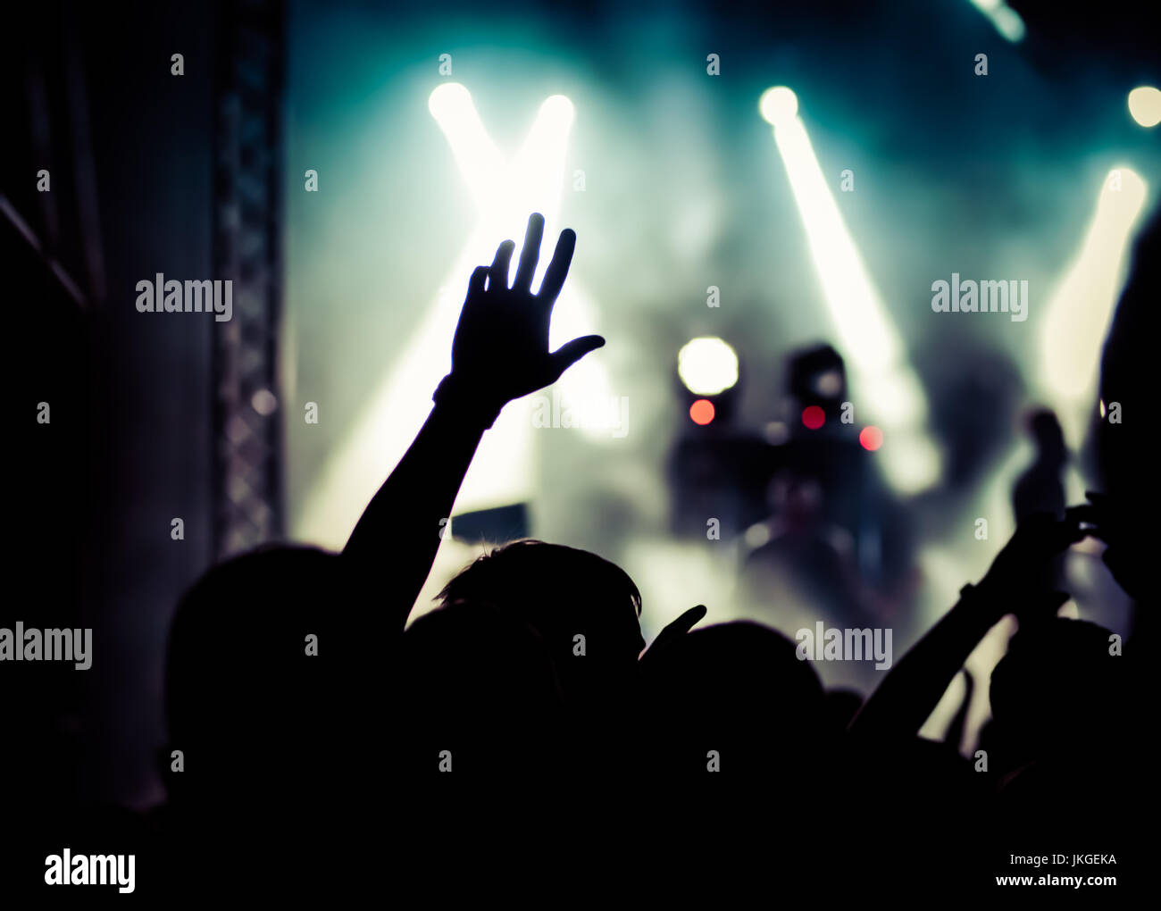 crowd with raised hands at concert - summer music festival Stock Photo ...