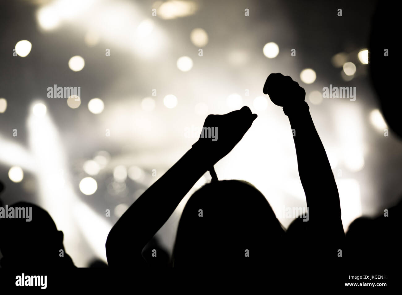crowd with raised hands at concert - summer music festival Stock Photo ...