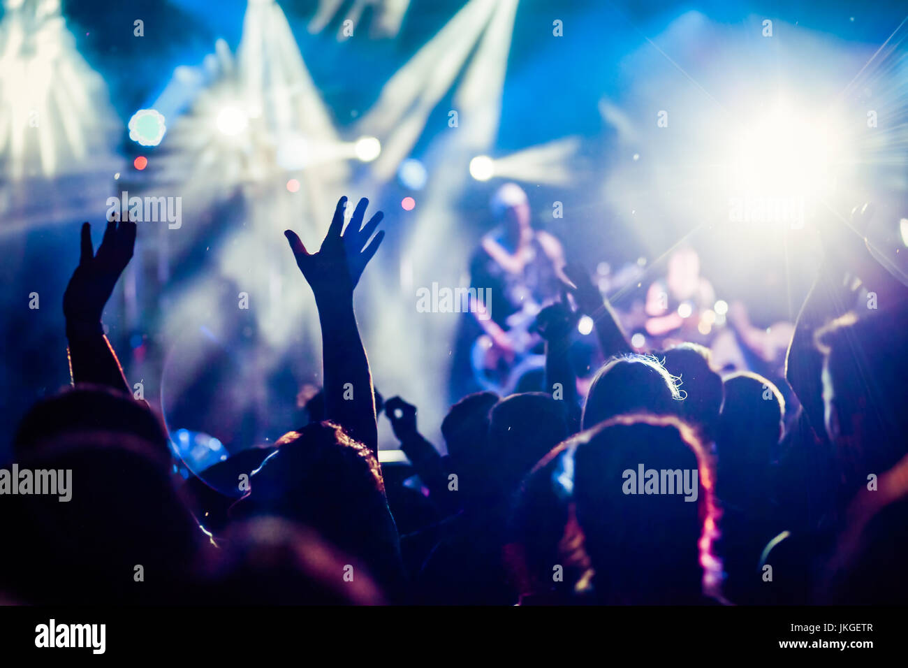 crowd with raised hands at concert - summer music festival Stock Photo ...