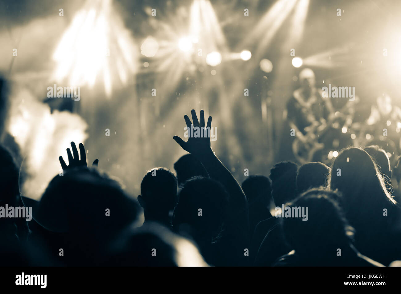 crowd with raised hands at concert - summer music festival Stock Photo ...