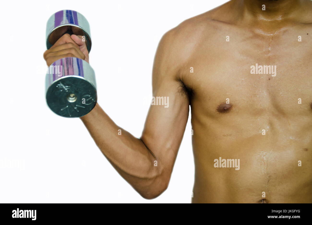 man with dumbell for fitness and healthy on white background Stock ...