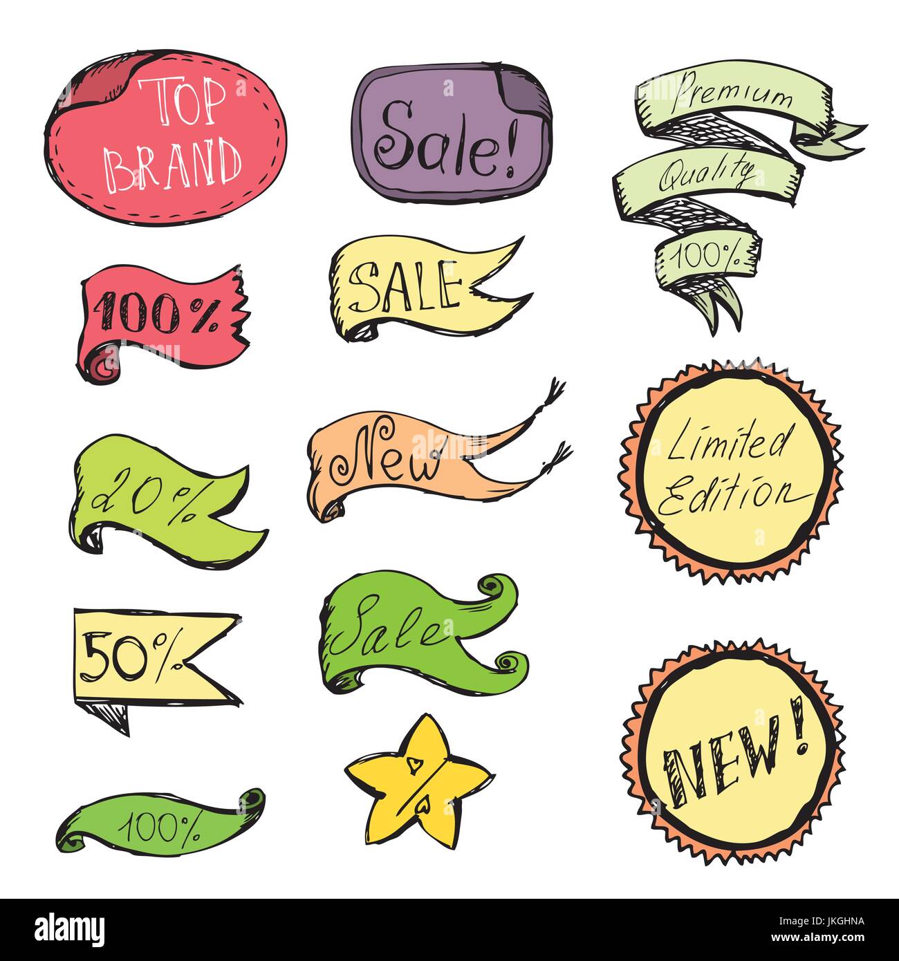 Hand Drawn colored Doodle label, ribbon and Design Elements,vector ...