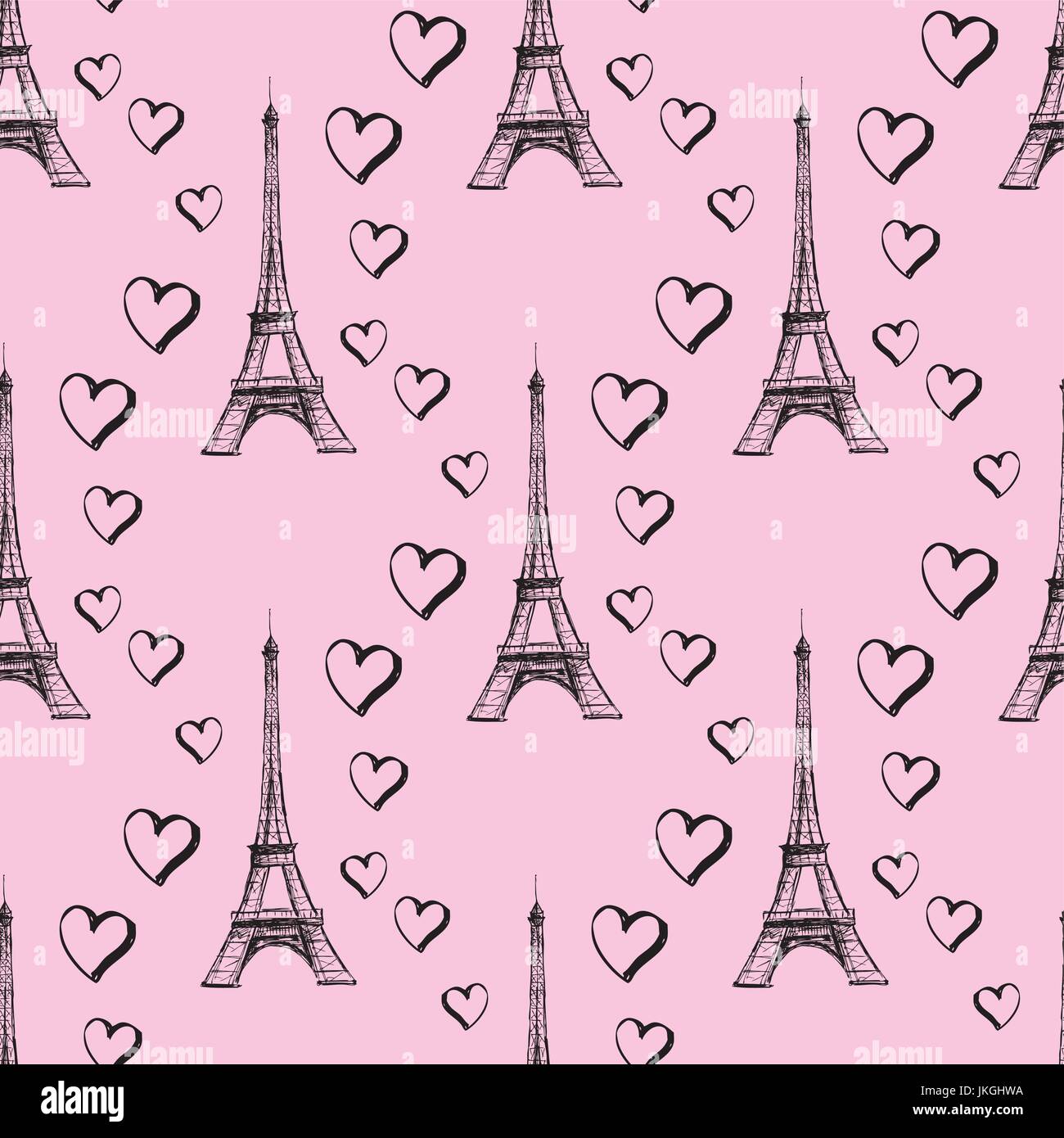Seamless pattern Eiffel Tower with hearts.Hand drawing . Seamless ...