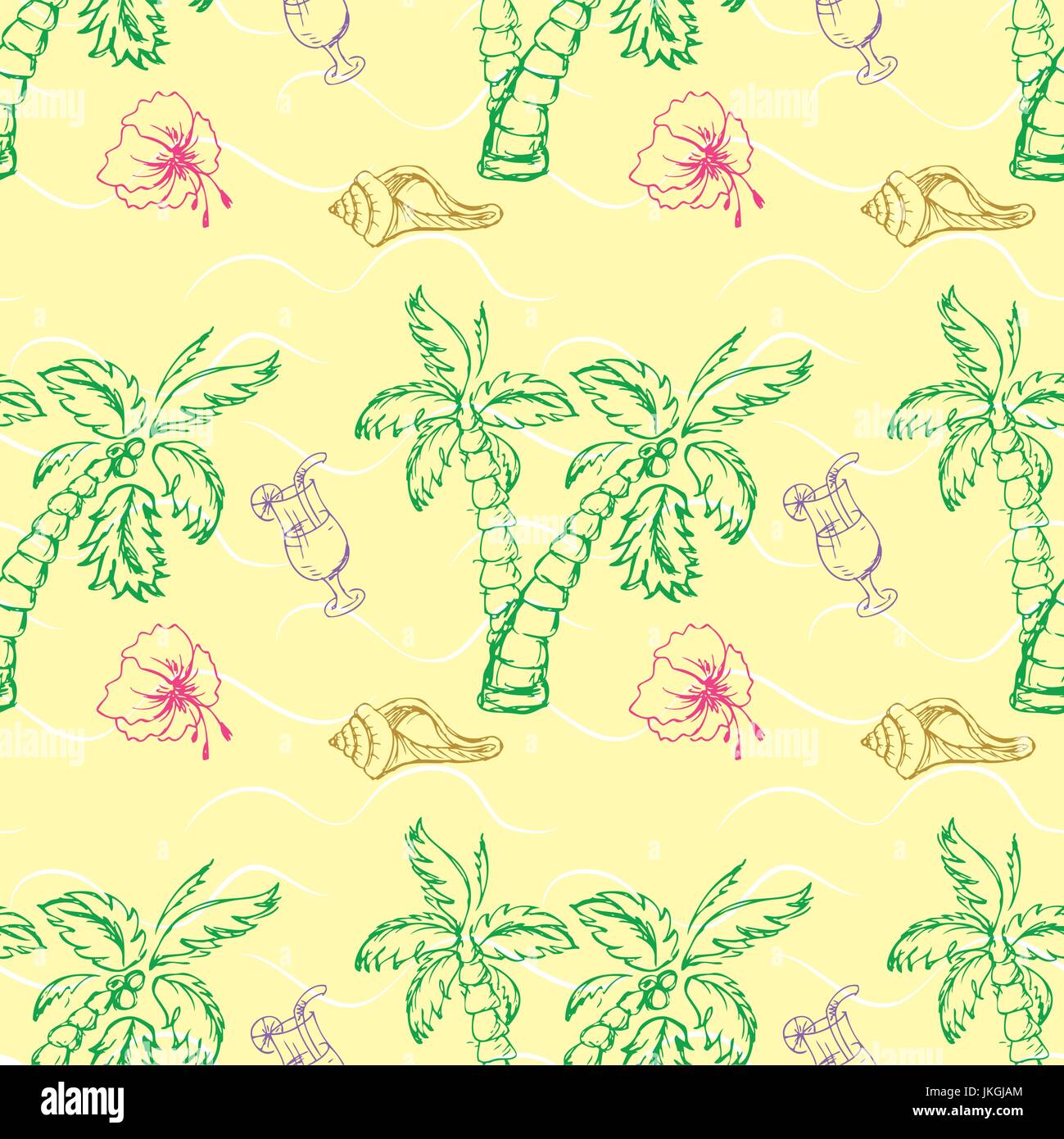 Sea shell, palm tree seamless pattern. Marine summer seamless ...