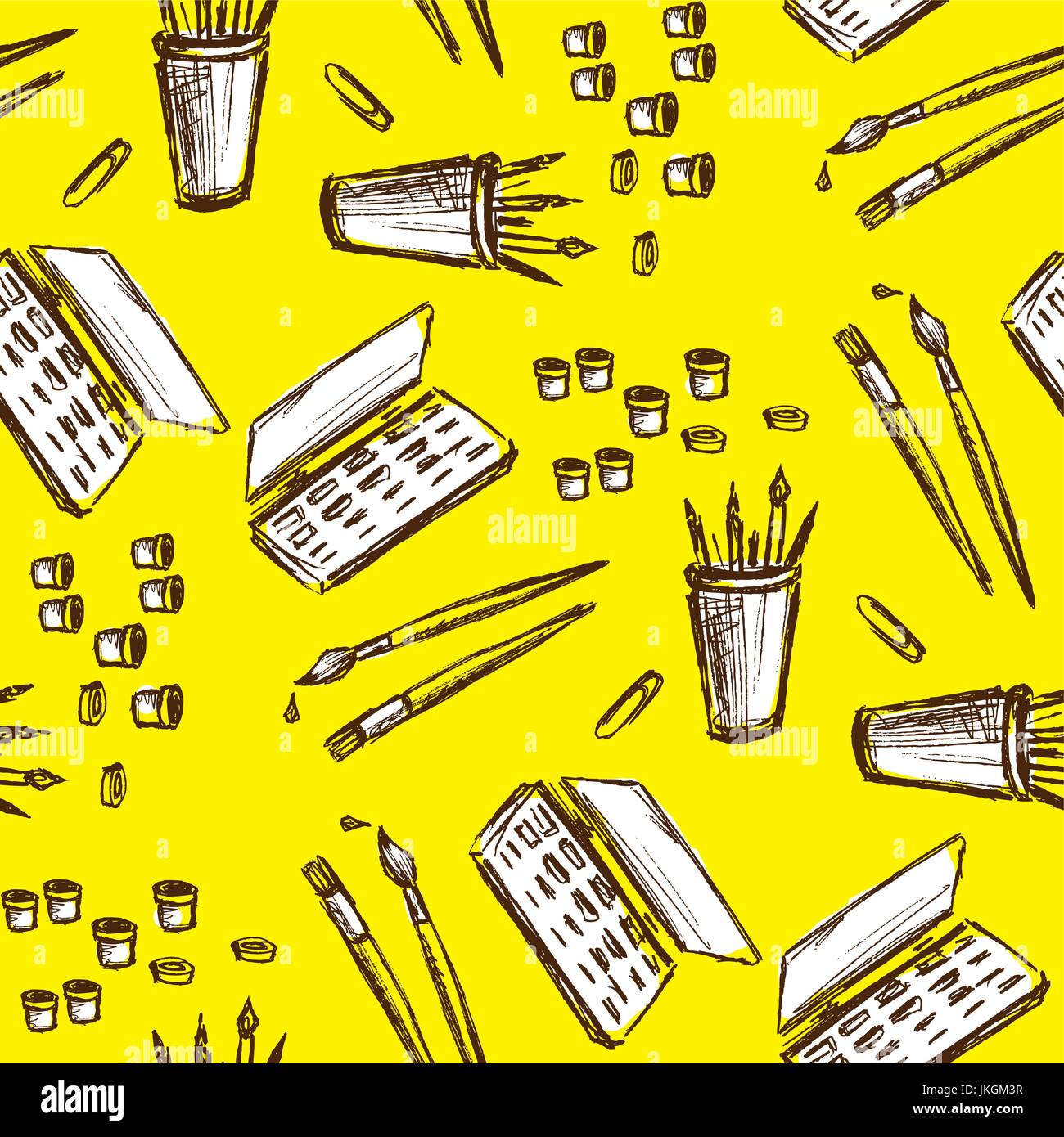 Seamless pattern art tools on yellow.Hand drawing . Seamless pattern ...