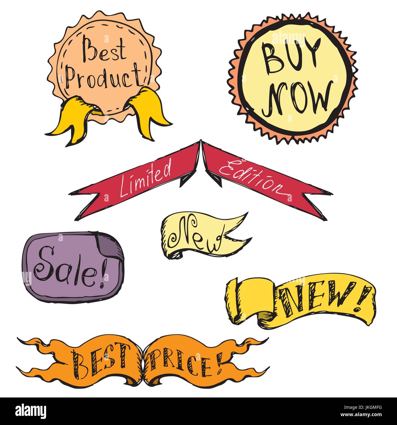 set of badge, label, ribbon doodle, hand drawing vector Stock Vector ...