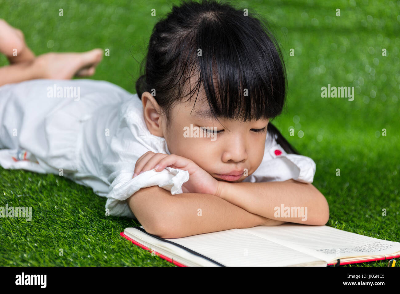 Asian Chinese little girl reading a book on green grass Stock Photo - Alamy