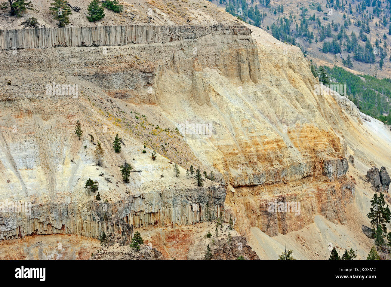 Rock face with columnar basalt formations near Tower Fall, Yellowstone ...