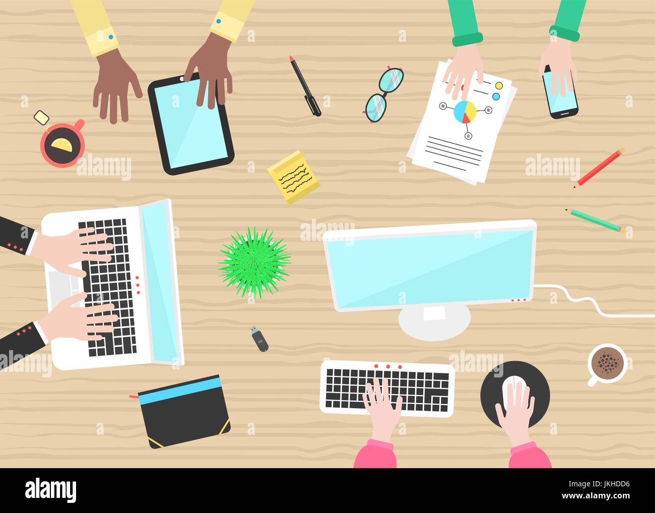 concept of teamwork with hands and objects on wooden table Stock Vector ...