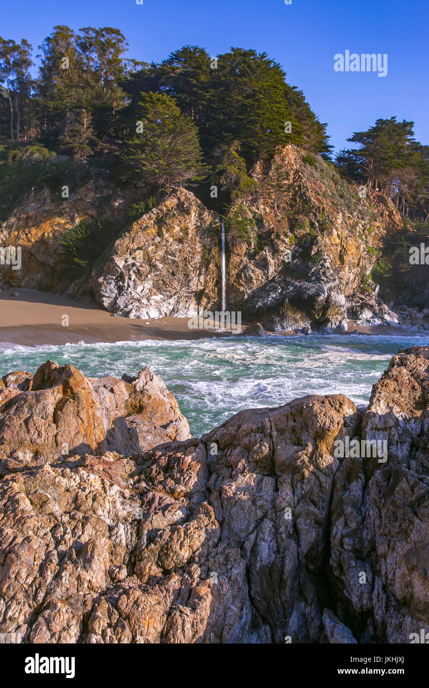 The waterfall is shot straight on from just above sea level Stock Photo ...