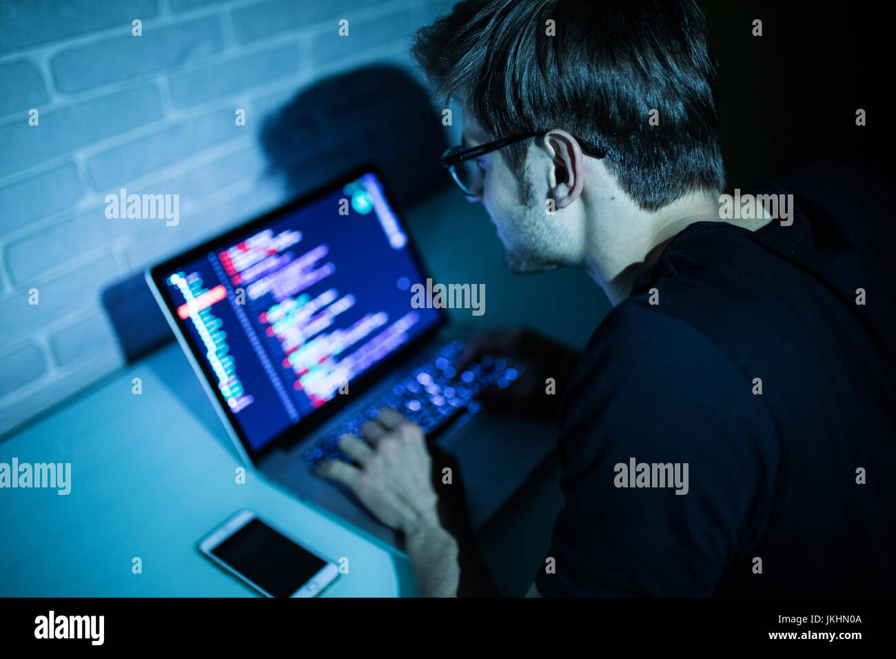Hacker Man Trying To Breach Security Of A Computer System Search