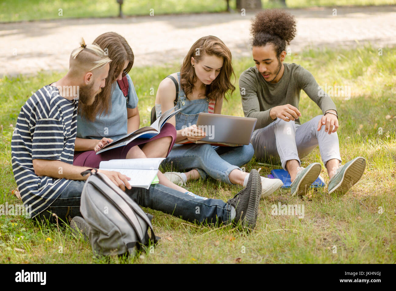Students sitting on lawn studying and discussing cases Stock Photo - Alamy
