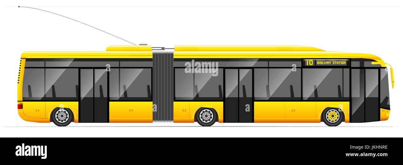 Large articulated trolleybus. Yellow with modern design. Side view ...