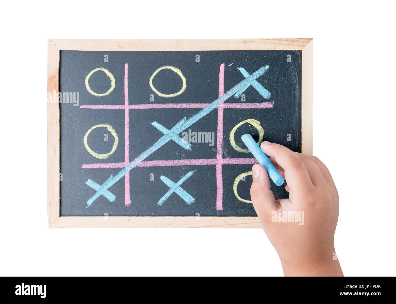 boy hand drawing a game of tic tac toe on a black chalkboard isolated ...