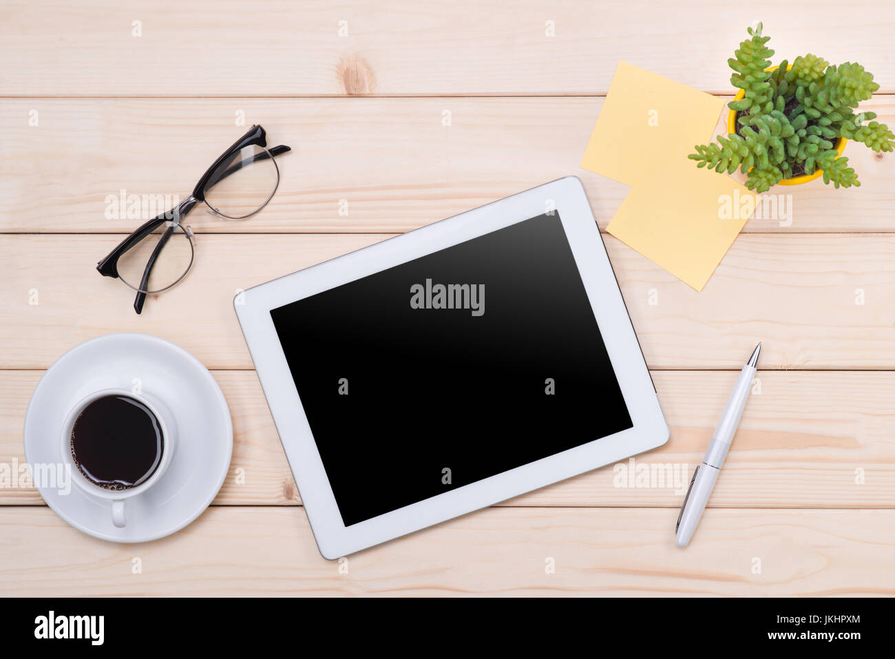 Tablet header image. Office stuff, workplace, top view Stock Photo - Alamy