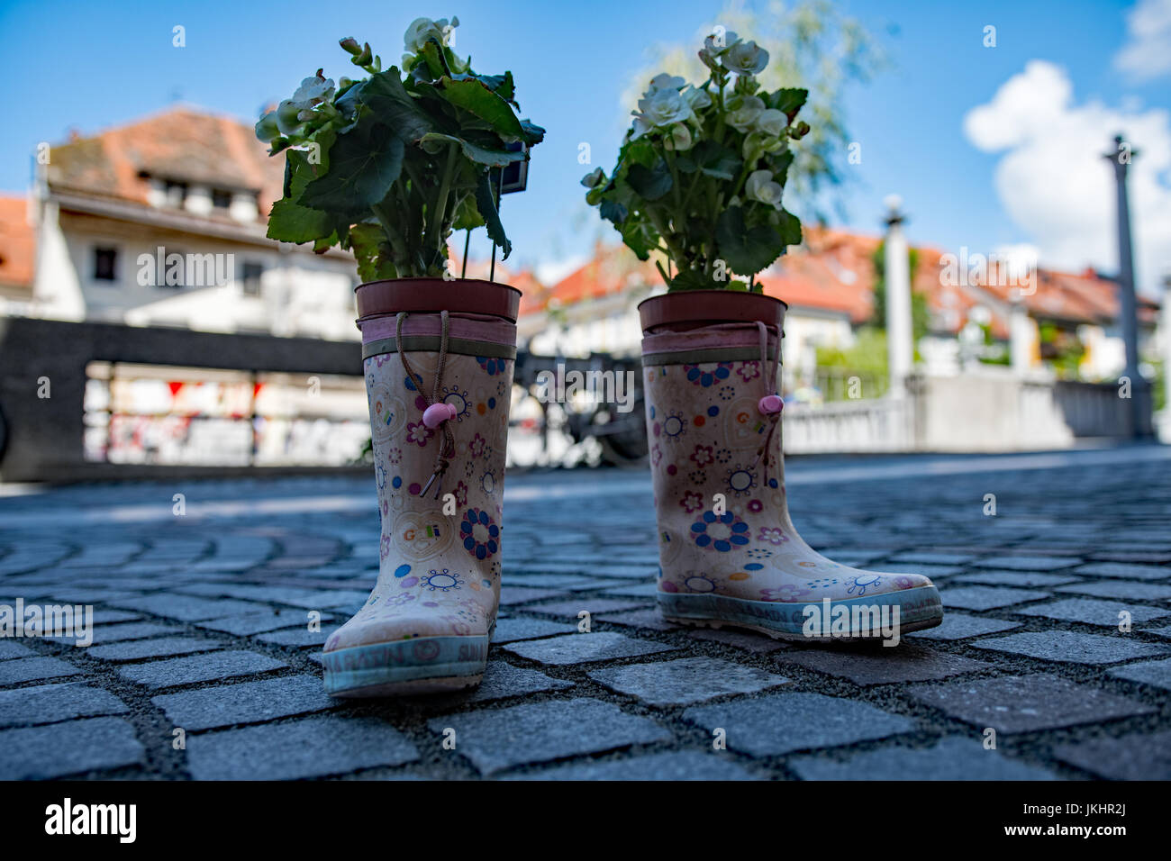 Flowers in boots as decoration Stock Photo - Alamy
