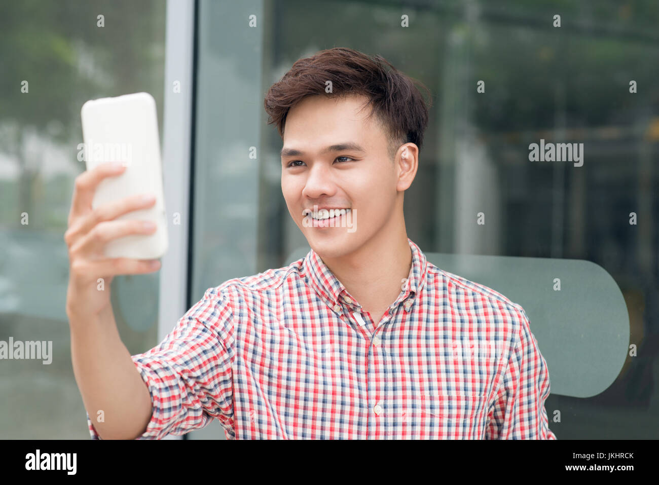 Social media communication. Casual man video call using mobile smart ...