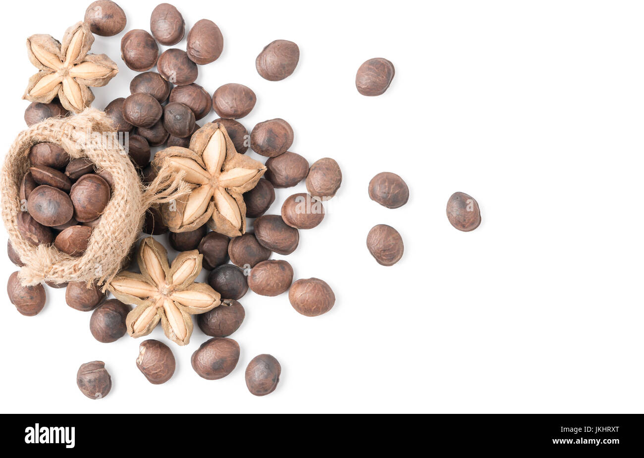 dried capsule seeds fruit of sacha-Inchi peanut on top view, isoalted ...