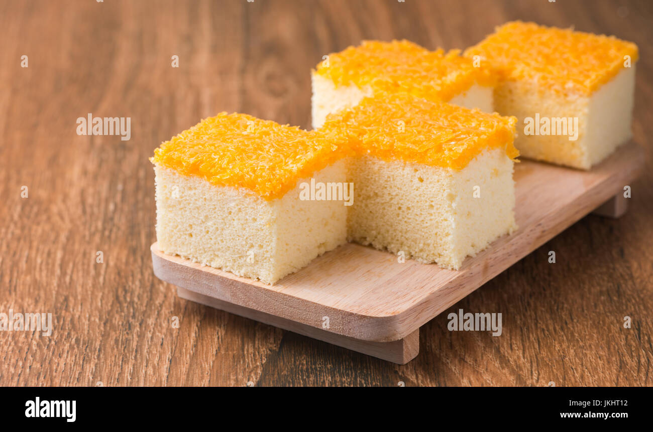 golden threads cake on wood background, Thai dessert made from egg and ...